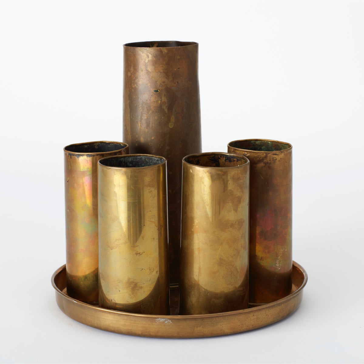 Set Of Five Brass Vessels Displayed On A Vintage Brass Tray – AU