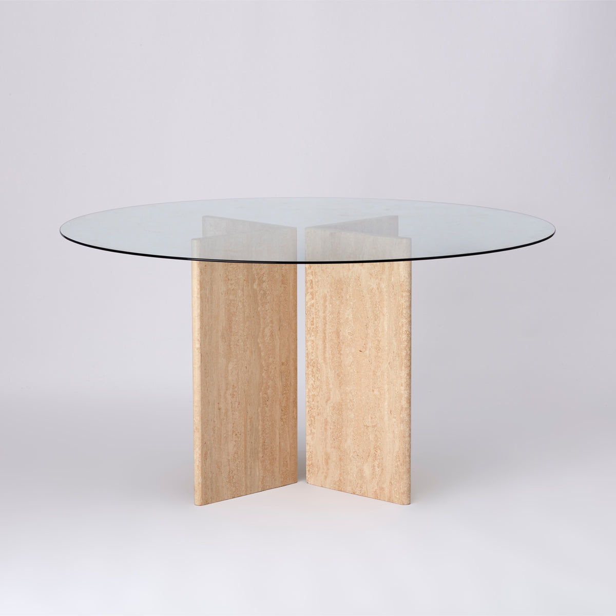 Vintage Round Glass Dining table With Angular Travertine Legs – AU
